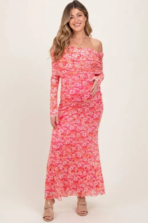 PINKBLUSH Floral Mesh Off-shoulder Maxi Dress