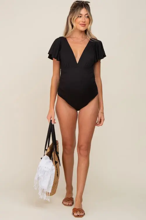 PINKBLUSH V-neck Flounce Maternity One-piece Swimsuit - Black