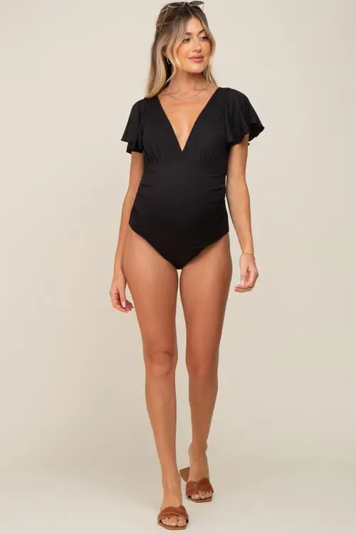 PINKBLUSH V-neck Flounce Maternity One-piece Swimsuit - Black