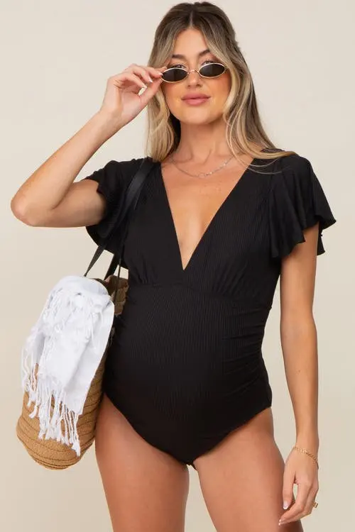 PINKBLUSH Deep V-neck Flounce One Piece Swimsuit - Black