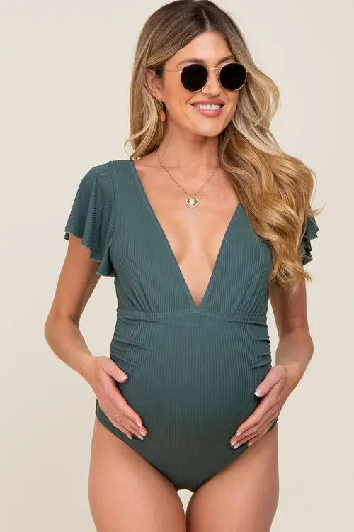 PINKBLUSH V-neck Flounce Maternity One-piece Swimsuit - Forest Green