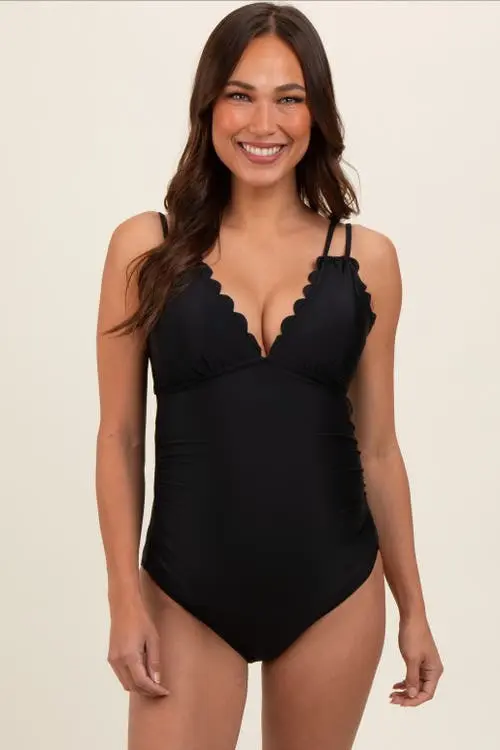 PINKBLUSH Scalloped V-neck Maternity One Piece Swimsuit - Black