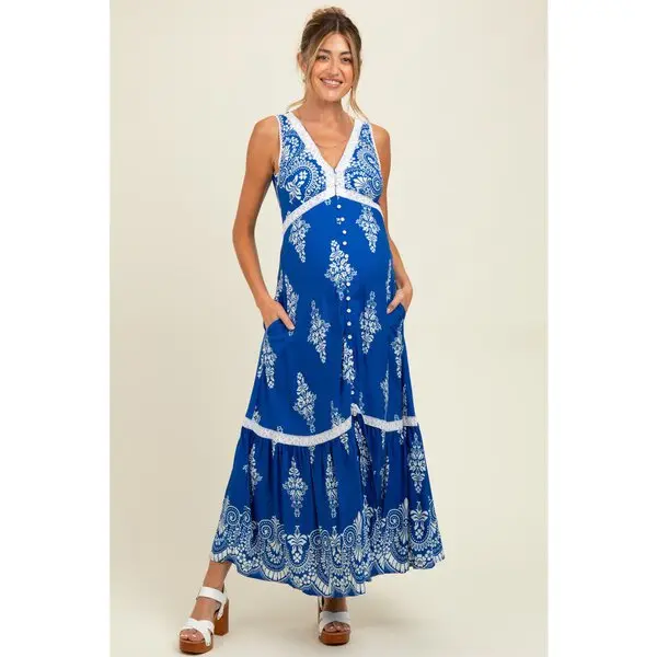 PINKBLUSH Border Print Resort Maxi Dress - Royal Blue