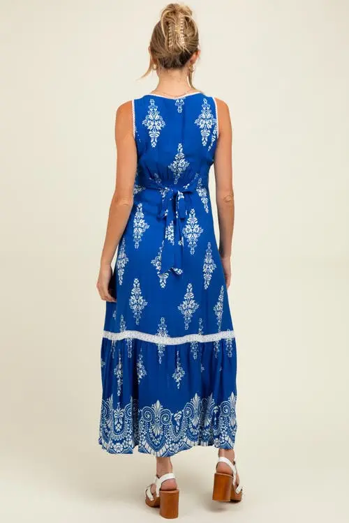 PINKBLUSH Border Print Resort Maxi Dress - Royal Blue