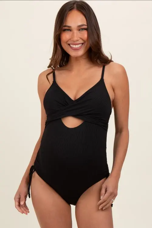 PINKBLUSH Ribbed Wrap Maternity One-piece Swimsuit - Black