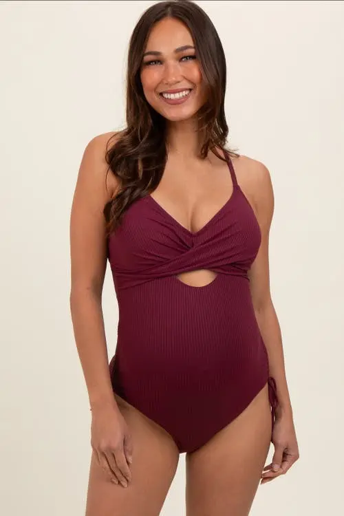 PINKBLUSH Ribbed Wrap Maternity One-piece Swimsuit - Plum