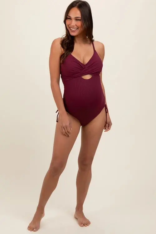 PINKBLUSH Ribbed Wrap Maternity One-piece Swimsuit - Plum