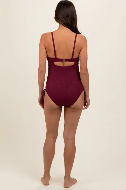 PINKBLUSH Ribbed Wrap Maternity One-piece Swimsuit - Plum