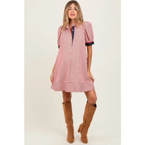PINKBLUSH Striped Puff Sleeve Mini Shirt Dress - Rust