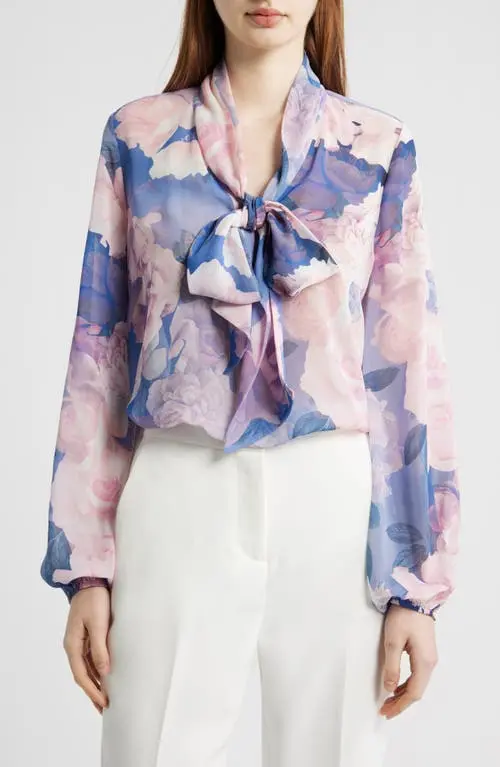 TAHARI ASL Floral Print Bow Neck Blouse - Blue Petal Floral