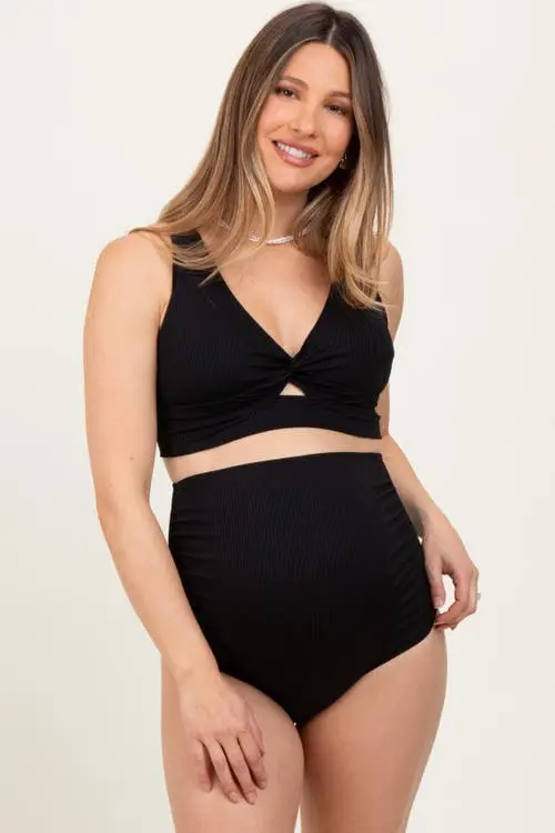 PINKBLUSH Ribbed Twist Cutout Front Swim Set - Black