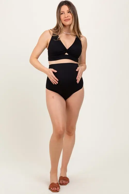 PINKBLUSH Ribbed Twist Cutout Swim Set - Black