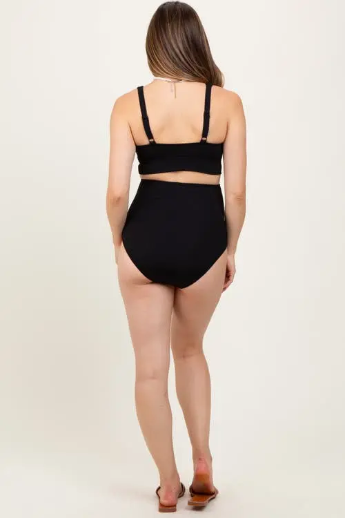 PINKBLUSH Ribbed Twist Cutout Swim Set - Black