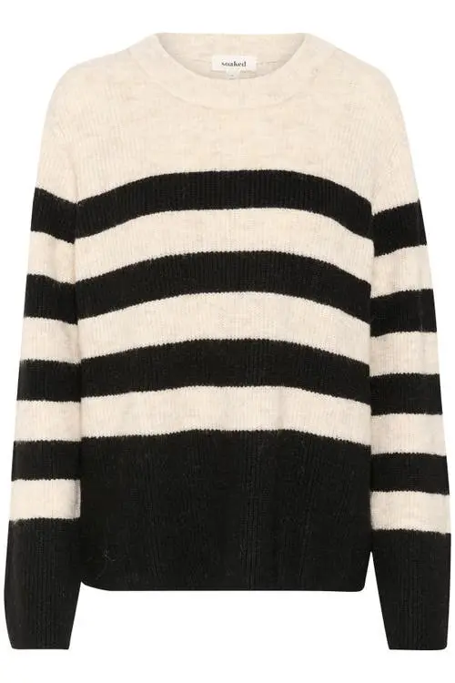 SOAKED IN LUXURY Slselta Knitted Striped Pullover - Sandshell W Black Stripe