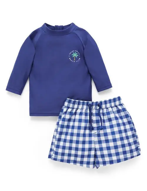 PUREBABY Printed Board Short & Rashie Swim Set - Marine Gingham