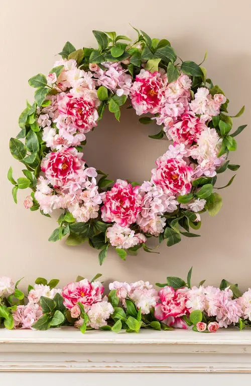 GLITZHOME 24"d Hydrangea Peony & Cherry Wreath With A Wreath Hanger