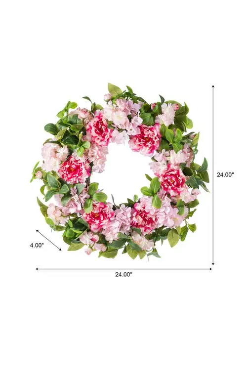 GLITZHOME 24"d Hydrangea Peony & Cherry Wreath With A Wreath Hanger