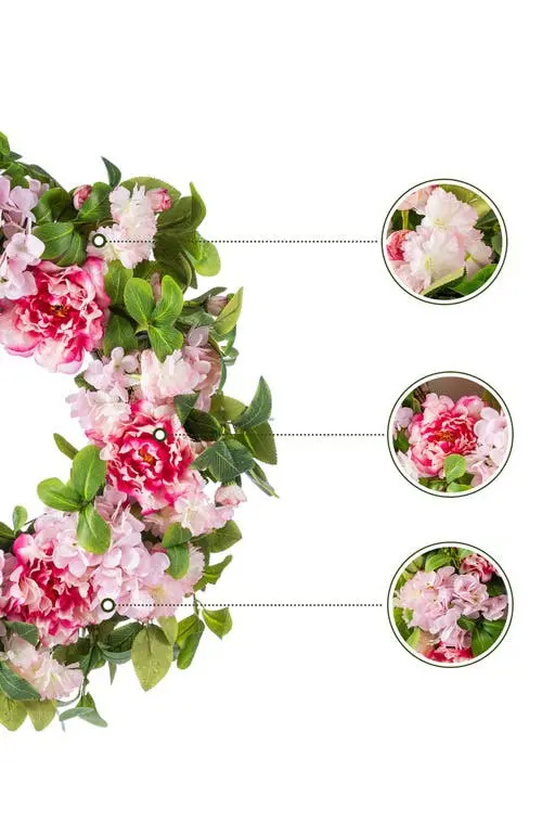 GLITZHOME 24"d Hydrangea Peony & Cherry Wreath With A Wreath Hanger
