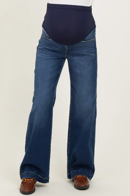 PINKBLUSH Dark Wash Wide Leg Maternity Jeans - Navy Blue