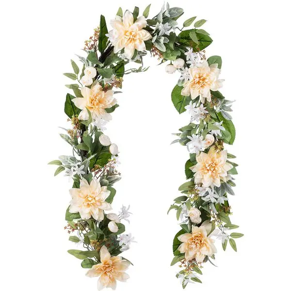 GLITZHOME 6ft Dahlia Or Hydrangea Peony & Cherry Artificial Garland - Beige