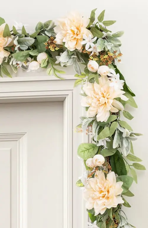GLITZHOME 6ft Dahlia Or Hydrangea Peony & Cherry Artificial Garland - Beige