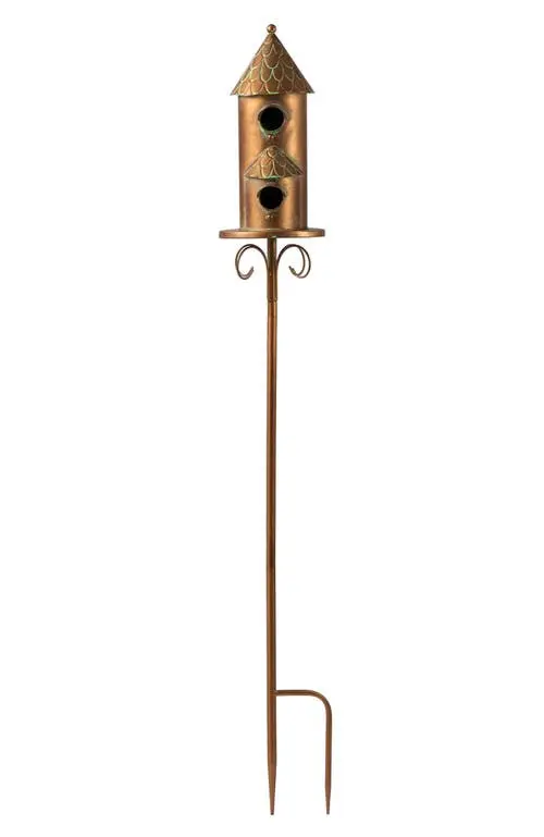 GLITZHOME Farmhouse Faux 2-tiered Metal Decorative Garden Birdhouse With Stake - Copper