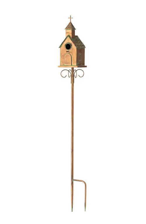 GLITZHOME Farmhouse Faux 2-tiered Metal Decorative Garden Birdhouse With Stake - Gold