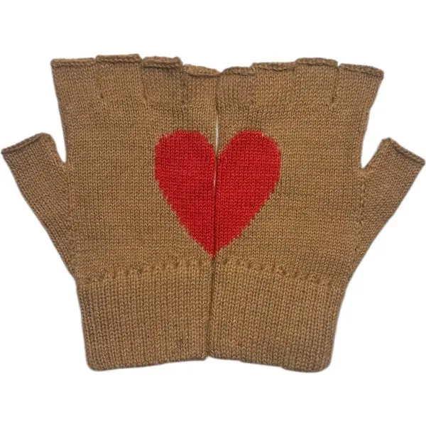 YAPA Heart Fingerless Gloves In Baby Alpaca Wool - Camel