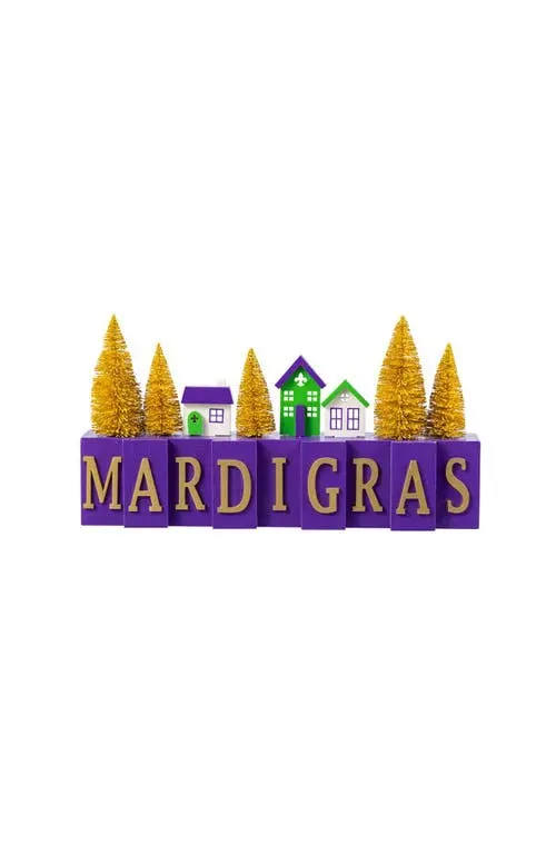 GLITZHOME Mardi Gras Wooden House Brush Trees Table Decor - Purple