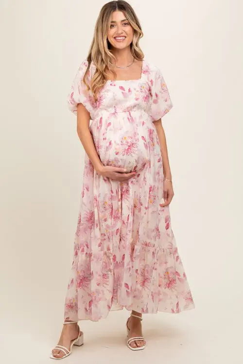 PINKBLUSH Puff Sleeve Square Neck Maternity Maxi Dress
