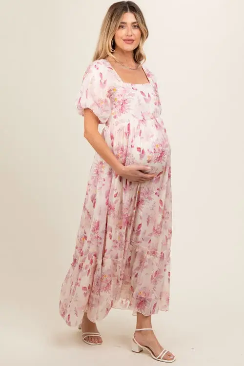 PINKBLUSH Puff Sleeve Square Neck Maternity Maxi Dress