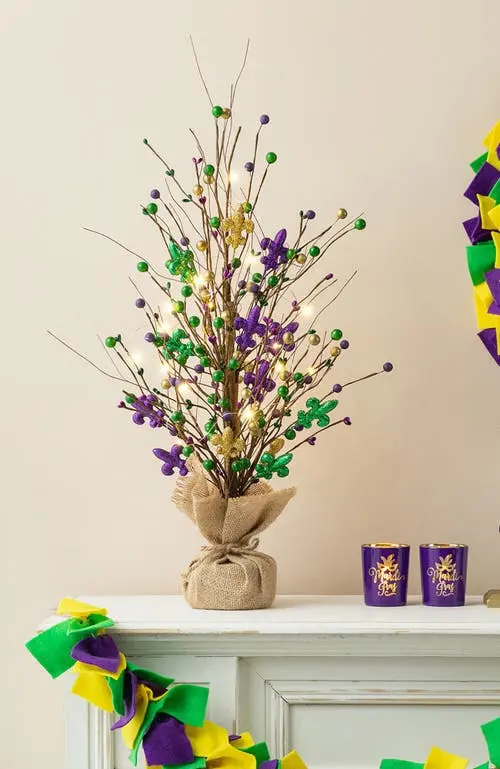GLITZHOME Mardi Gras Lighted Fleur-de-lis & Berry Table Tree