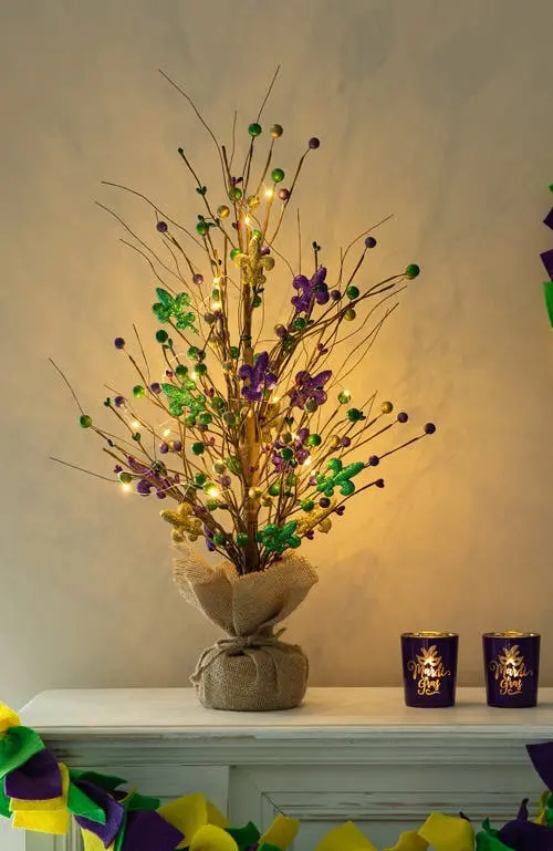 GLITZHOME Mardi Gras Lighted Fleur-de-lis & Berry Table Tree