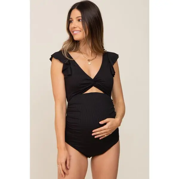 PINKBLUSH Ribbed Cutout Flutter One Piece Maternity Swimsuit - Black
