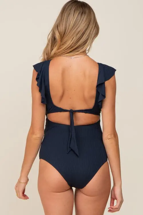 PINKBLUSH Ribbed Cutout Flutter One Piece Maternity Swimsuit - Navy Blue