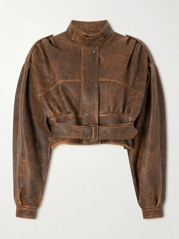 Chloé Cropped Belted Textured-leather Jacket