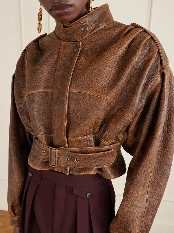 Chloé Cropped Belted Textured-leather Jacket