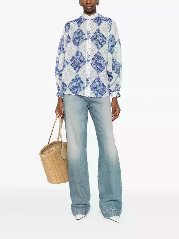 TWINSET Floral Print Long Sleeve Ramie Shirt