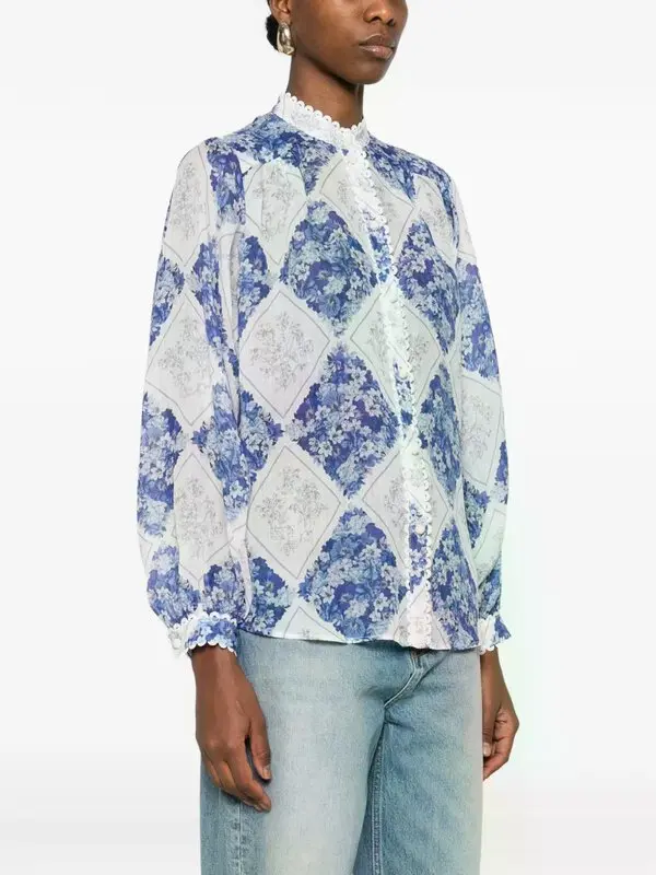 TWINSET Floral Print Long Sleeve Ramie Shirt
