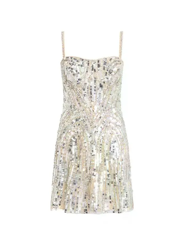 Jenny Packham Sequin Embellished Structured Bodice Mini Dress - Silver