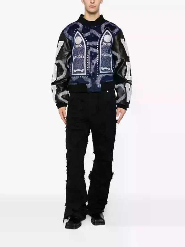 WHO DECIDES WAR BY EV BRAVADO Appliqué Varsity Jacket