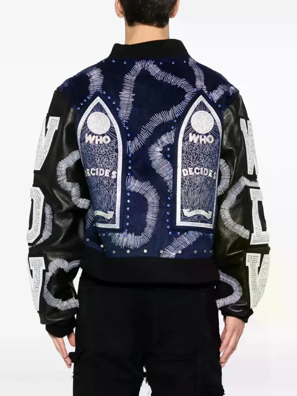 WHO DECIDES WAR BY EV BRAVADO Appliqué Varsity Jacket