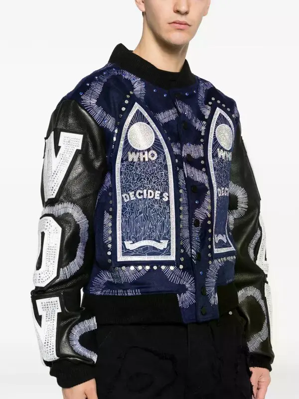 WHO DECIDES WAR BY EV BRAVADO Appliqué Varsity Jacket