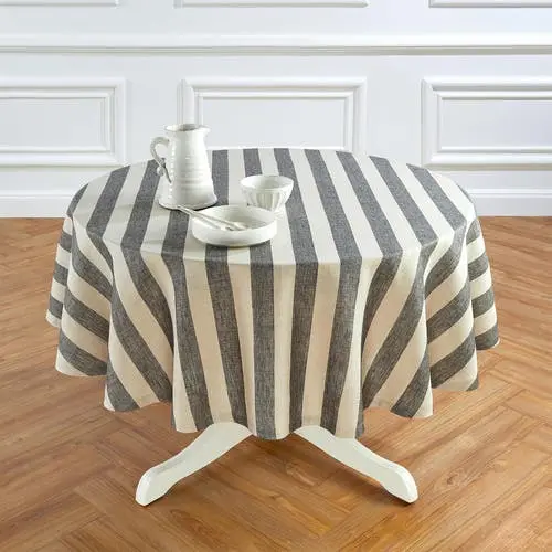 SOLINO HOME Linen Round Tableclothcabana Stripe - Black And Natural
