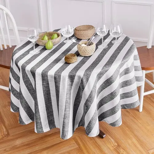 SOLINO HOME Linen Round Tableclothcabana Stripe - Black And White