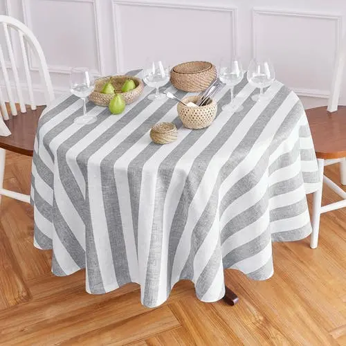SOLINO HOME Linen Round Tableclothcabana Stripe - Grey And White
