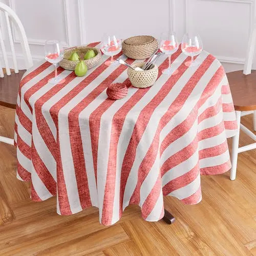 SOLINO HOME Linen Round Tableclothcabana Stripe - Red And White