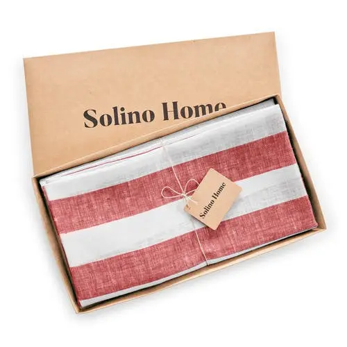 SOLINO HOME Linen Round Tableclothcabana Stripe - Red And White