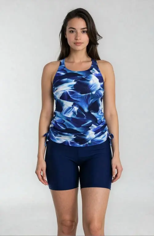 CALYPSA Maya Tankini Swim Top With Removable Cups And Navy Mid-thigh Swim Shorts - Navy Wave