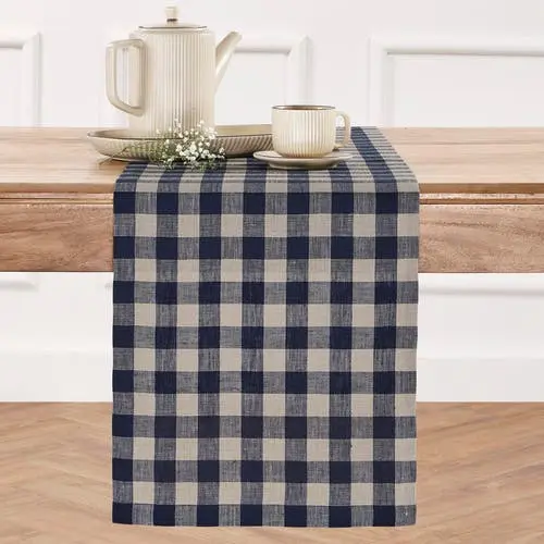 SOLINO HOME Linen Table Runnermorgan Check - Navy And Natural